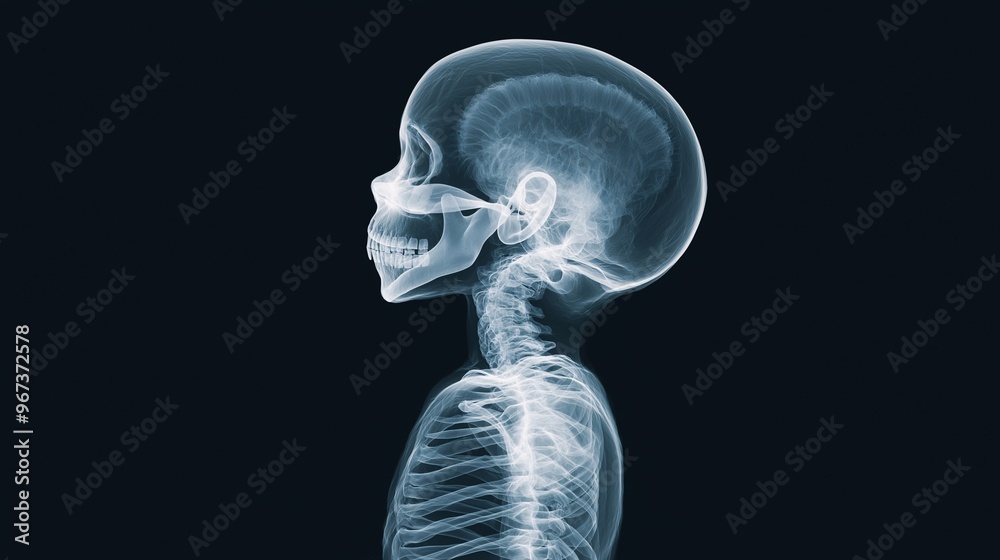 A detailed X-ray of a fetus at 7 months in the womb, showing the more ...