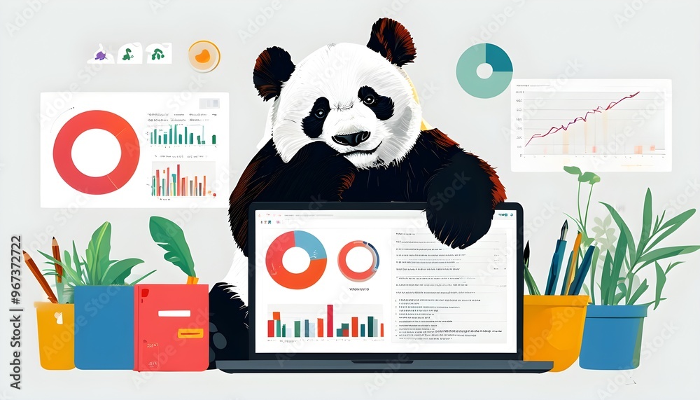 Minimalistic illustration of pandas with stylized data graphs for data ... Minimalistic illustration of pandas with stylized data graphs for data ...