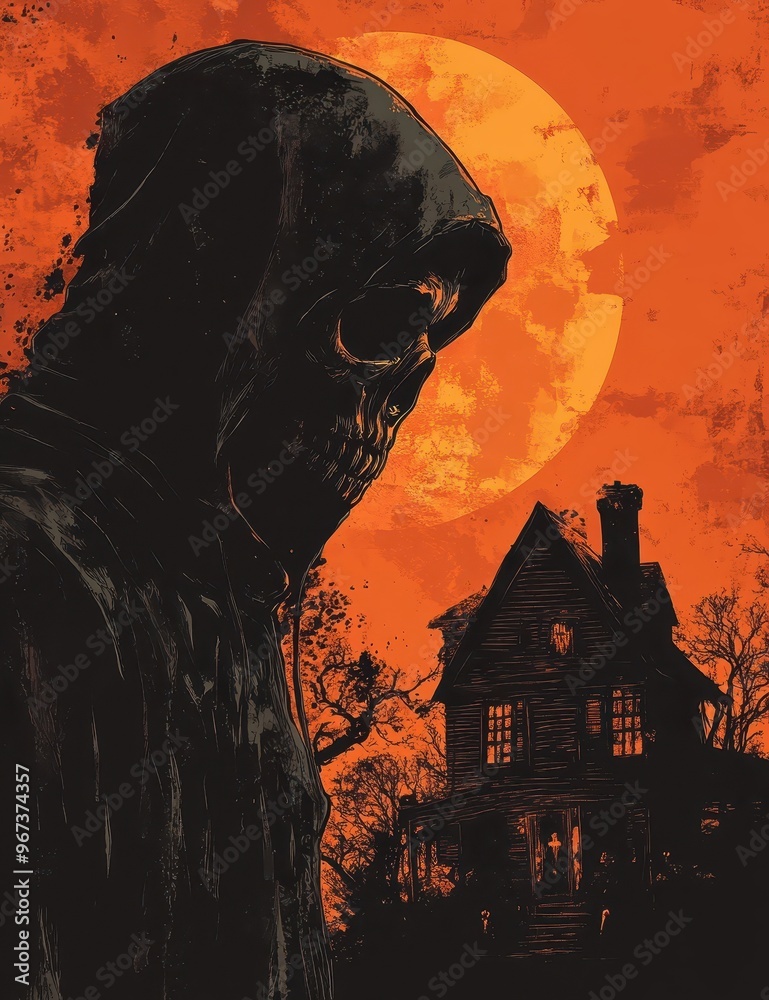 Skeleton in a black hood and jeans, standing in front of a haunted ...