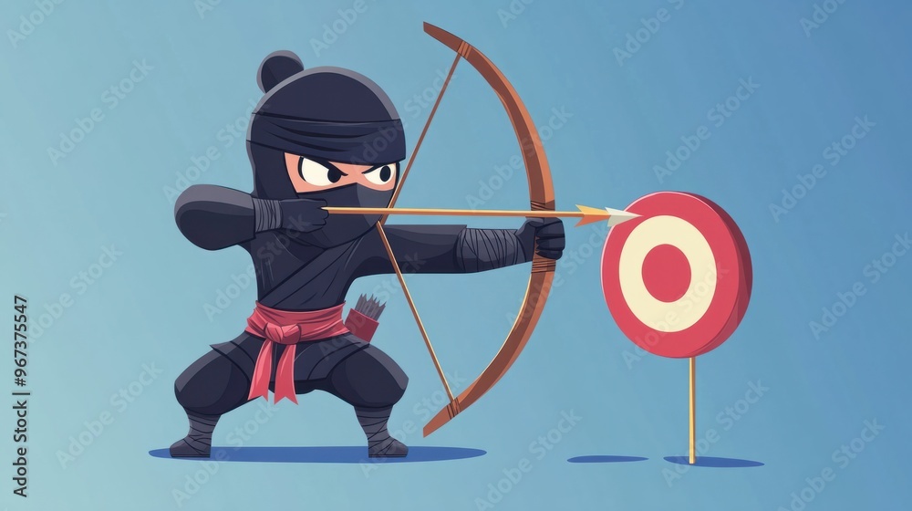 A cartoon ninja practicing with a bow and arrow, shooting targets with ...