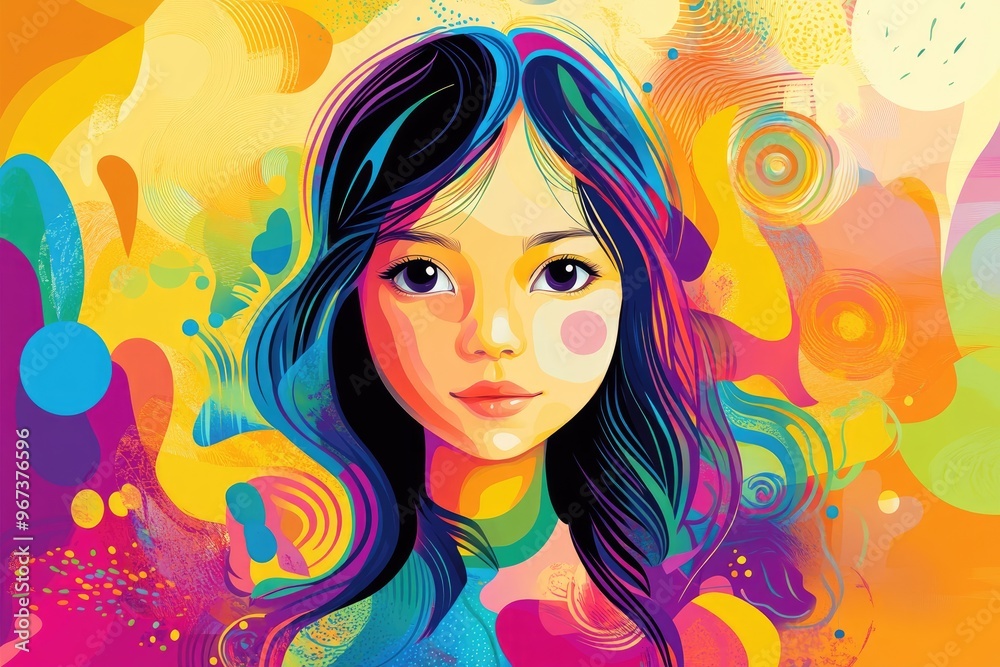 2D cartoon illustration of a girl s portrait featuring vibrant colors ...