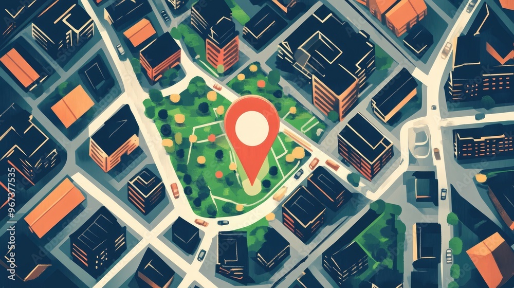 2D cartoon illustration of a GPS tracking system for navigating city ...