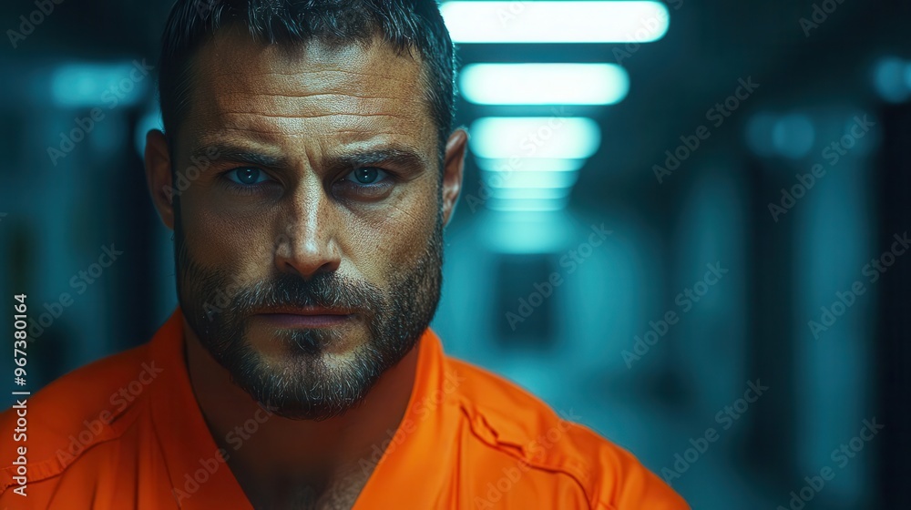stoic prisoner in orange jumpsuit facing camera for mugshot harsh ...