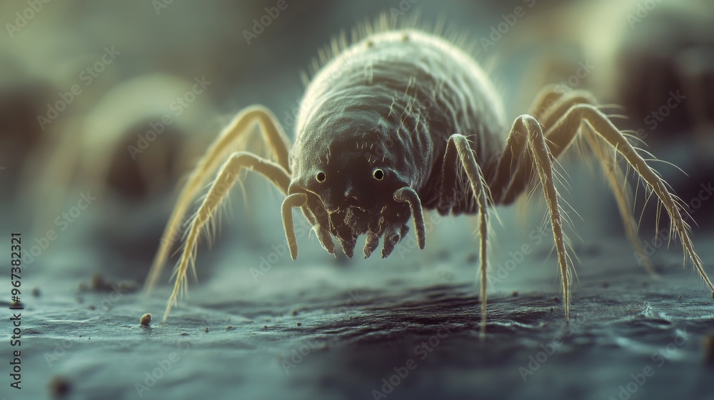 A detailed microscopic view of house dust mite. Close-up of dust mites ...