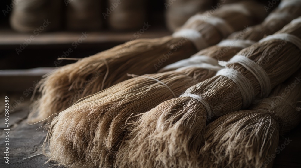 A documentary-style photograph of linen being processed by hand, with ...