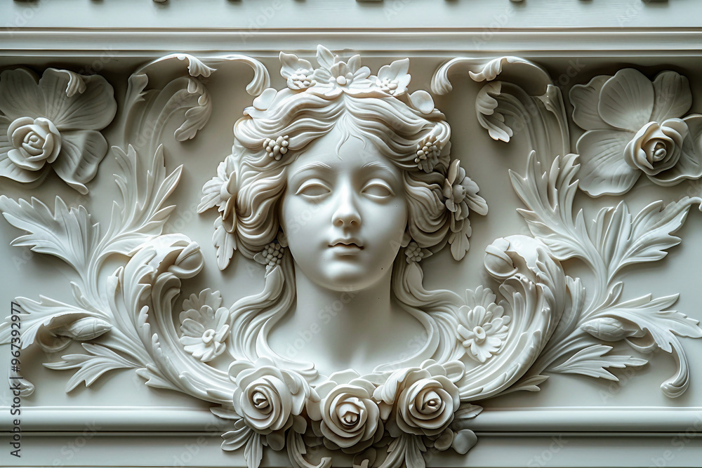 AI generated image of carved elegant bas relief on textured wall with ...