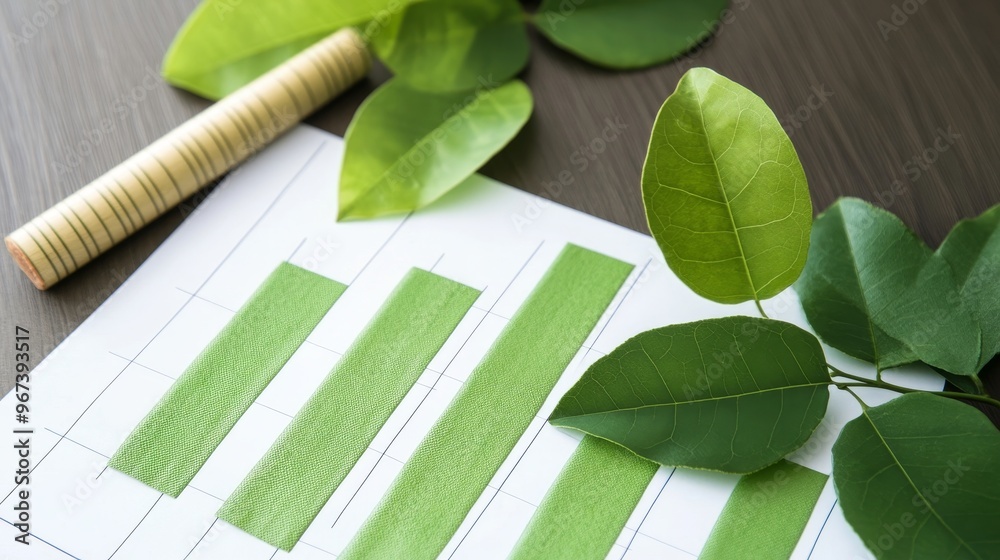 Green bar charts on financial documents with fresh leaves, depicting ...