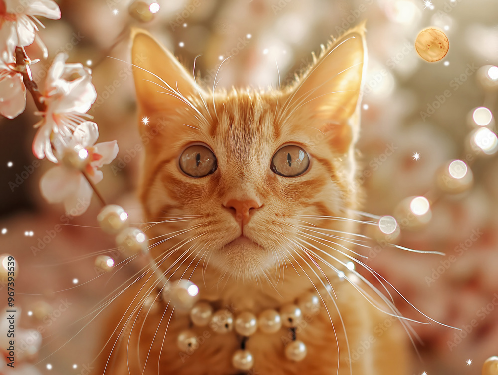 A cat wearing a pearl necklace is staring at the camera. The necklace ...