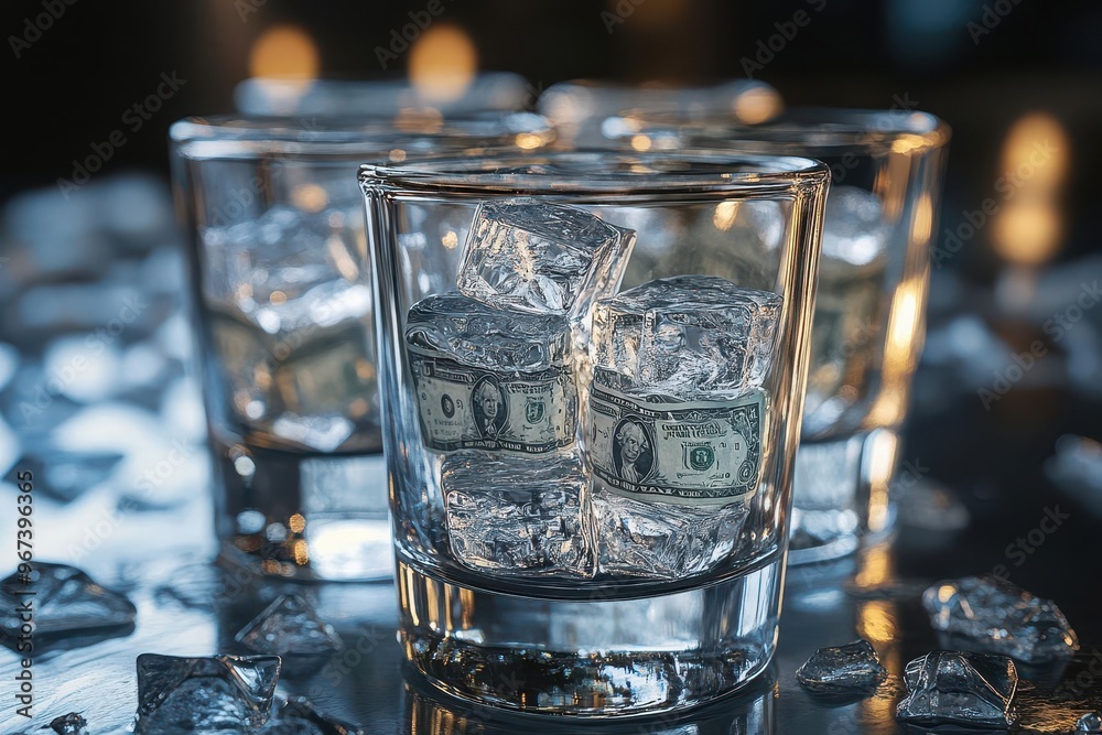 surreal still life of crisp dollar bills stacked like ice cubes in a ...