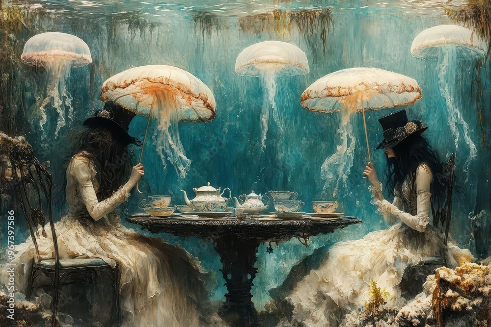 surreal underwater tea party victorianera characters floating with ...