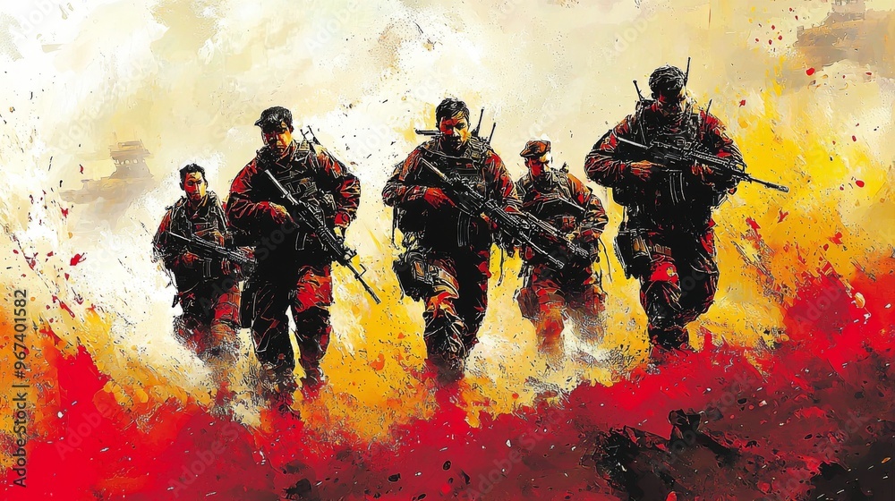 This dynamic and dramatic painting depicts five soldiers charging ...