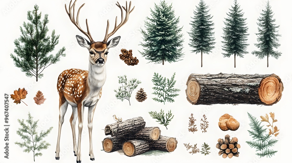 set of minimal forest elements such as deer, logs, and foliage evenly ...