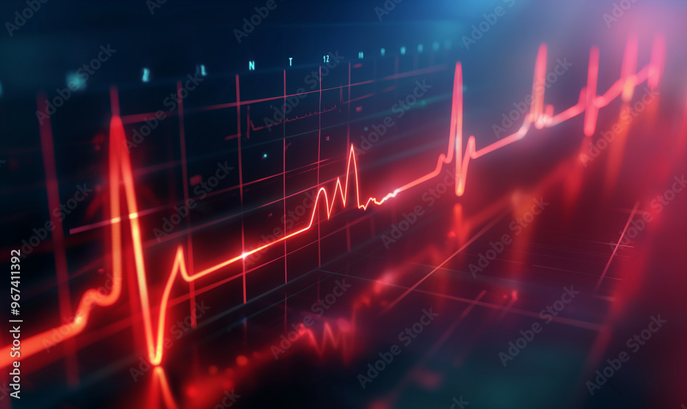 Futuristic digital heart rate monitor displaying a glowing red ECG ...