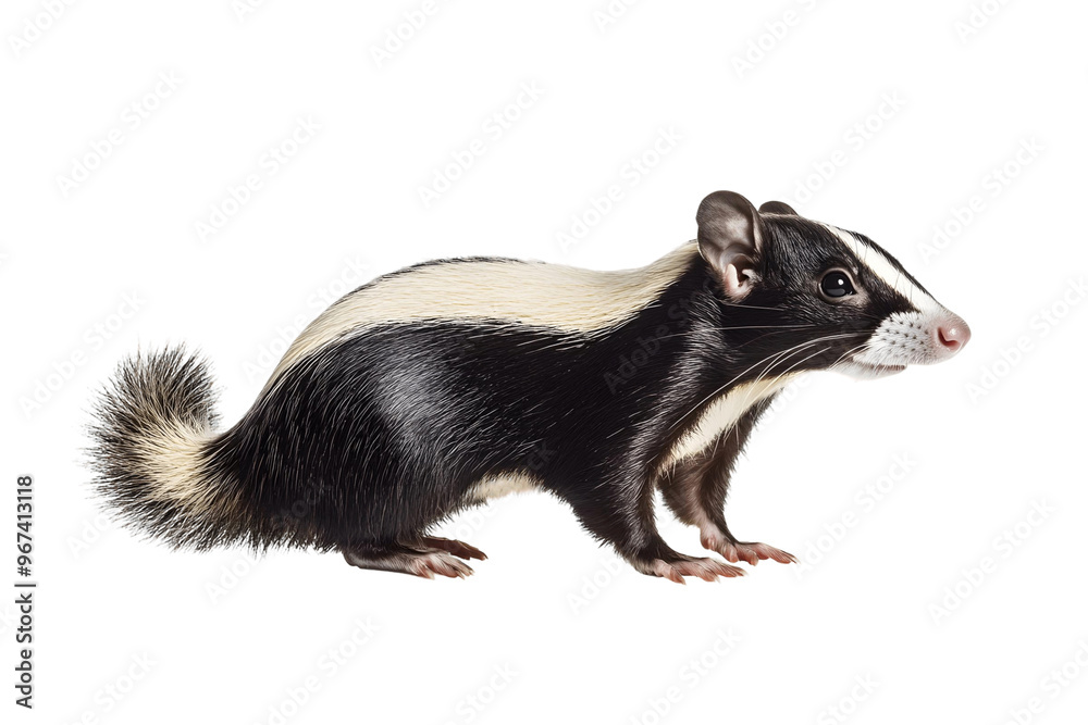 Isolated close-up of a young white rat sitting on a polecat against a ...