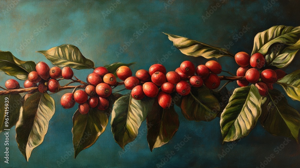 Oil painting depicting coffee fruit Coffea sp a tree forming annual ...