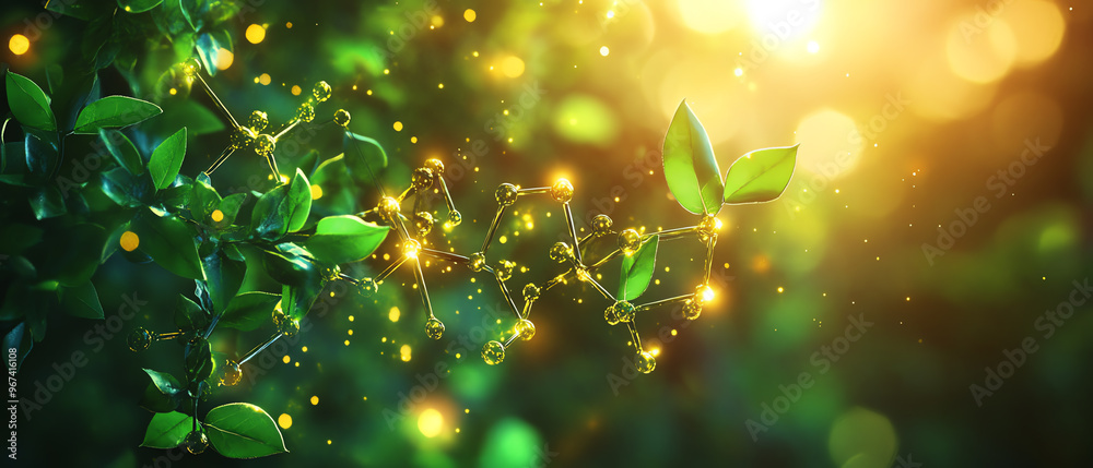 Herbal tea molecular structure, glowing atoms and botanical elements ...