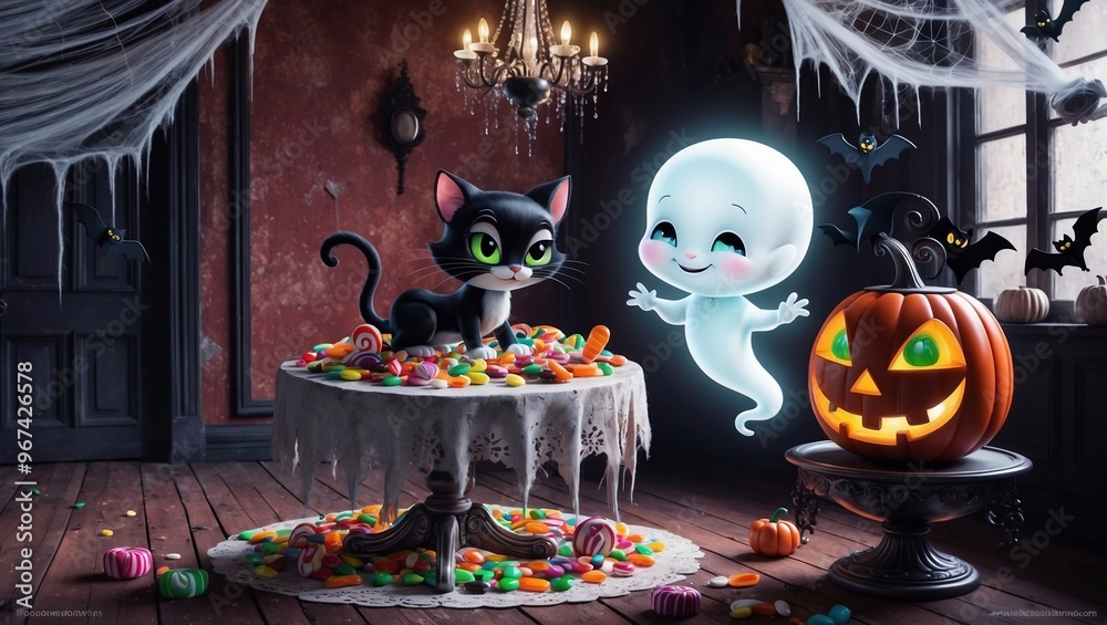 animated Halloween-themed featuring a black cat and a friendly ghost ...