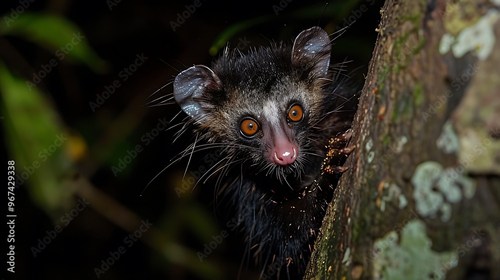 Aye-aye using long middle finger to fish for grubs, nighttime forest ...