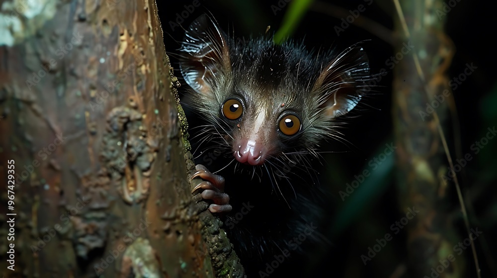 Aye-aye using long middle finger to fish for grubs, nighttime forest ...