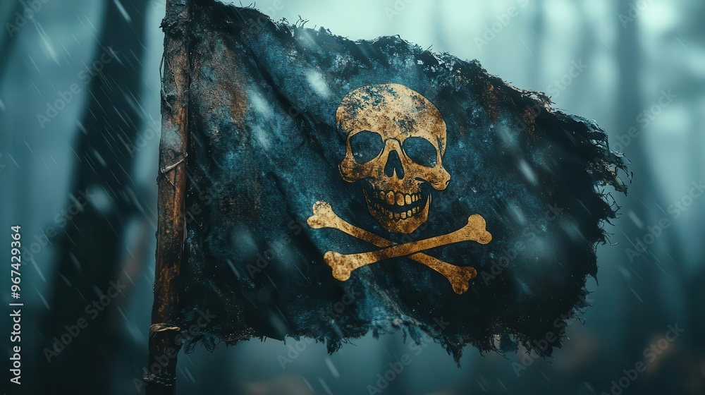 weatherworn pirate flag billowing dramatically against stormy sky ...