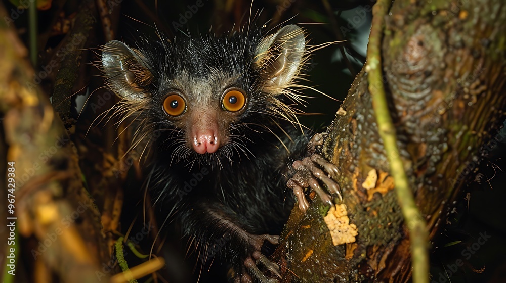 Aye-aye using long middle finger to fish for grubs, nighttime forest ...