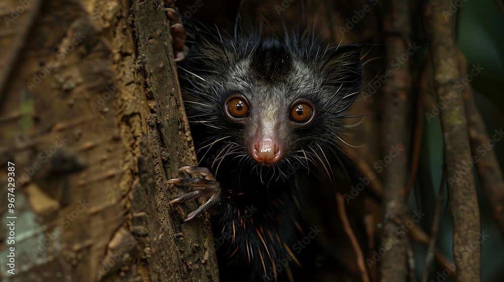 Aye-aye using long middle finger to fish for grubs, nighttime forest ...