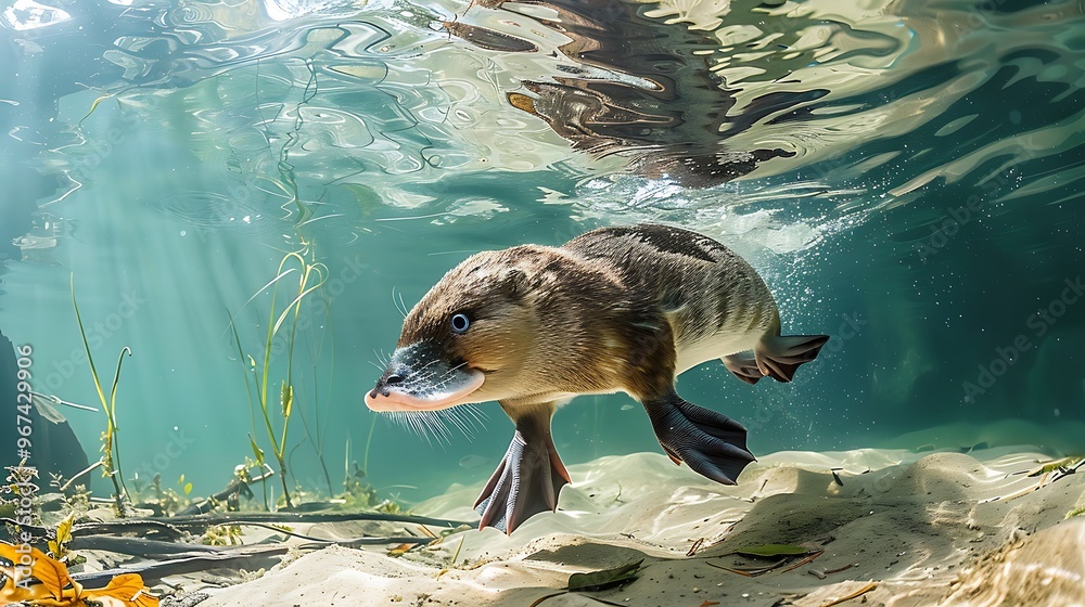 Platypus hunting underwater, using electroreception, river scene: A ...