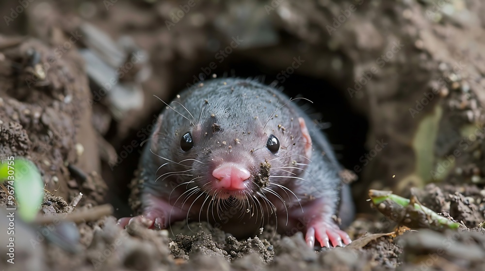 Star-nosed mole emerging from underground, tentacle-like nose visible ...