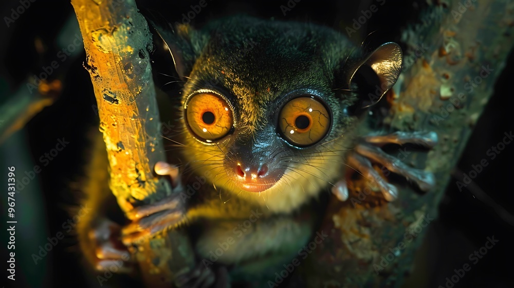 Tarsier with enormous eyes, clinging to rainforest branch at night: A ...