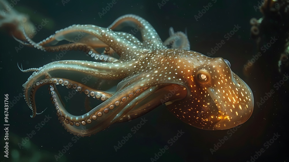 Vampire squid in defensive posture, bioluminescent arm tips: A vampire ...