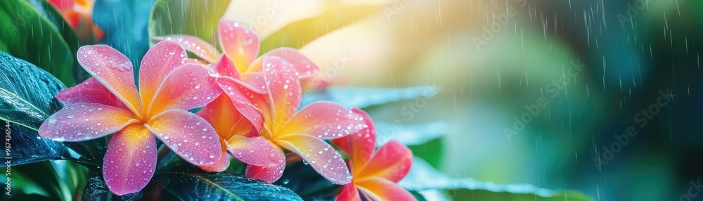 Colorful tropical flowers drenched in hot summer rain, vibrant petals ...