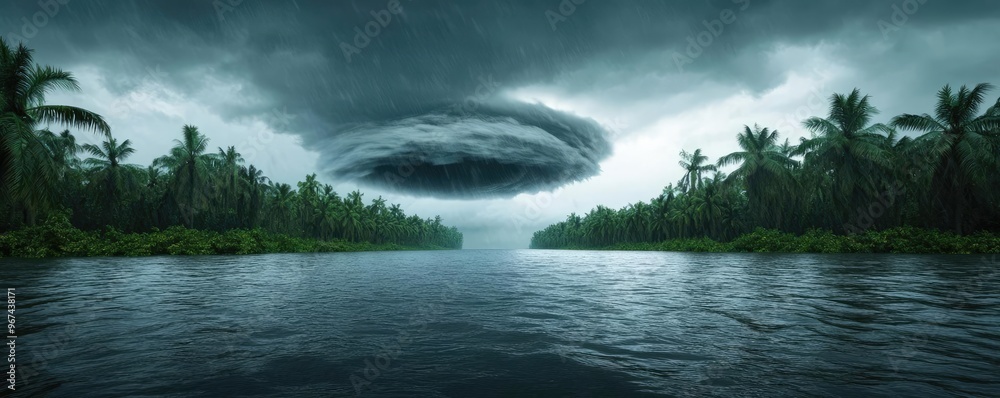 Cyclone churning above a waterlogged tropical island, dense clouds and ...