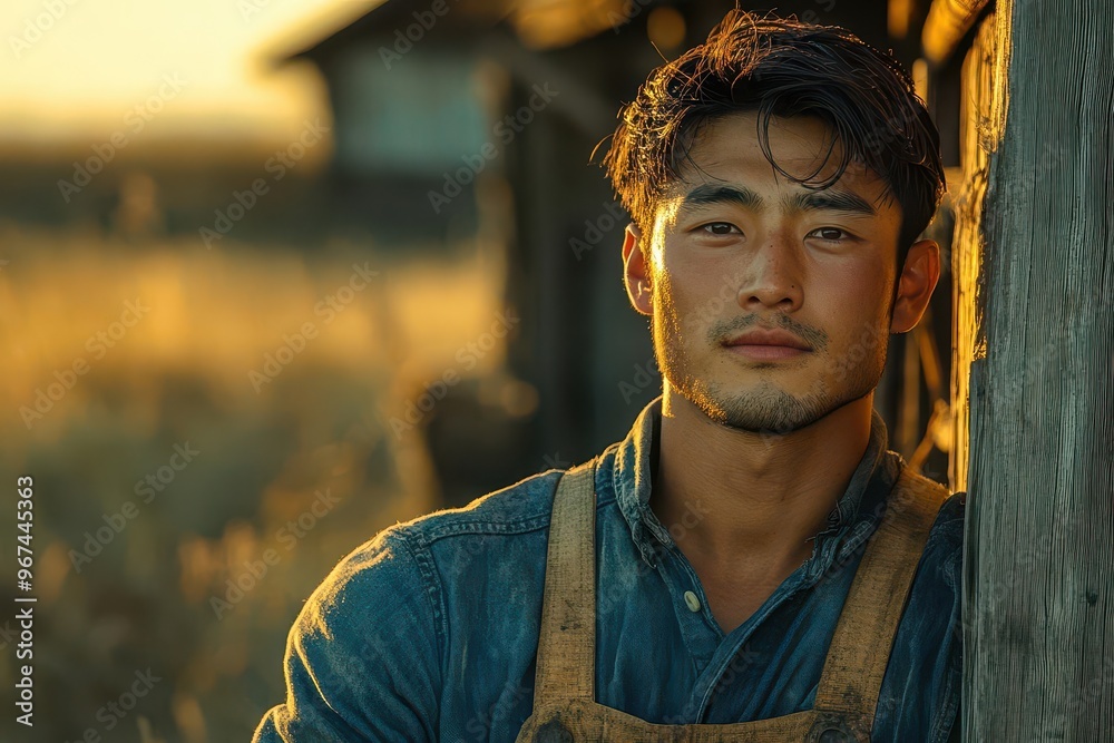 young asian farmer in overalls leaning on rustic wooden fence golden ...