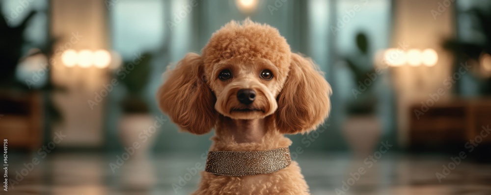 A poodle in a 1920s flapper dress is sitting elegantly in a vintage ...