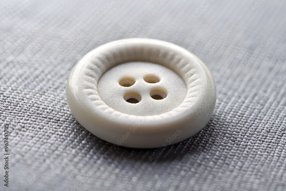 Simple white button with intricate stitching against a soft grey ...