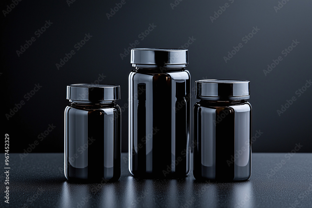 three blank black sports supplement containers, arranged diagonally on ...