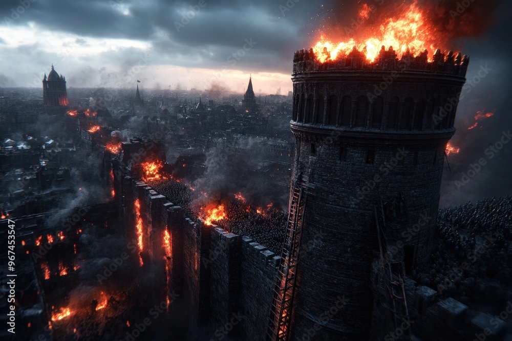 An intense scene showing medieval city walls consumed by flames as a ...