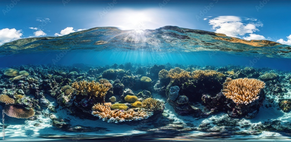 360-degree photograph of a coral reef, with beautiful clear water and ...