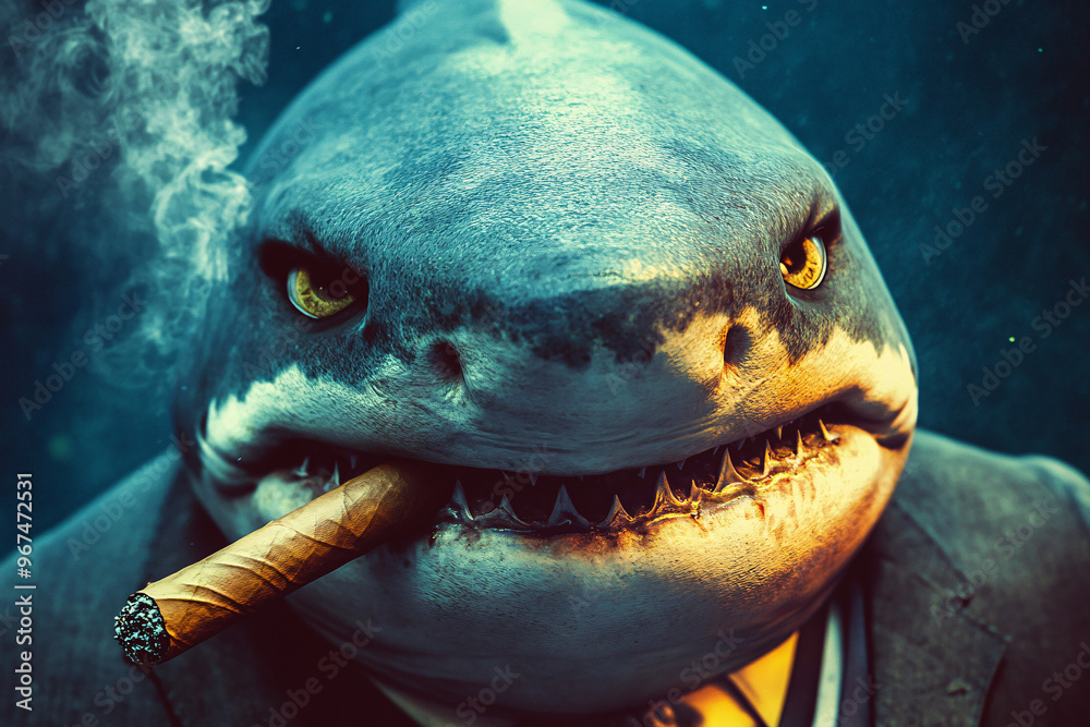 A shark dressed in a suit smoking a cigar underwater displaying a ...