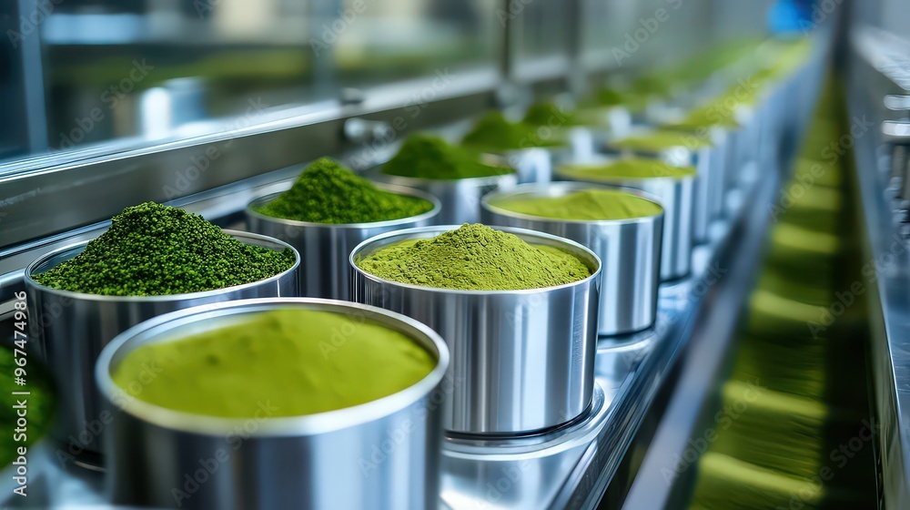 Rows of fresh green tea matcha powder containers lined up in modern ...