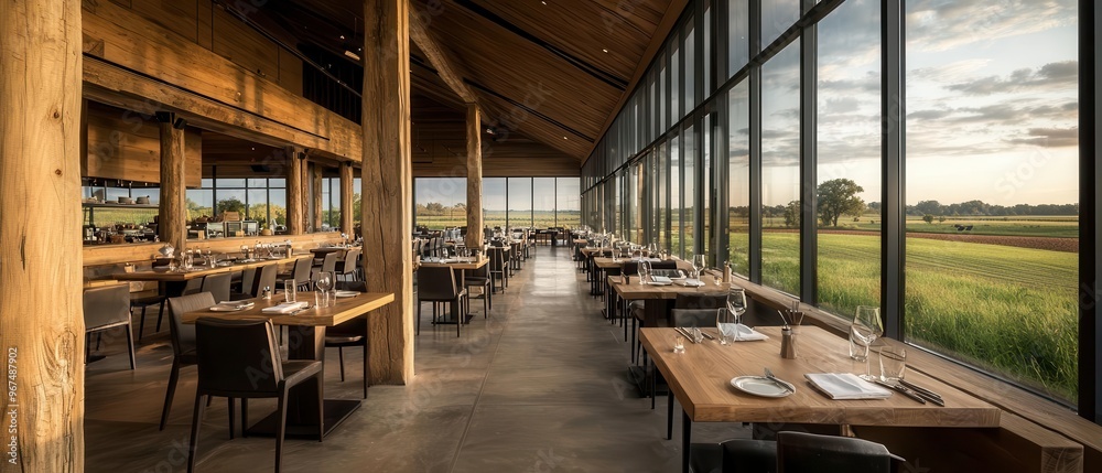 Farmtotable restaurant with a visible farm landscape through large ...