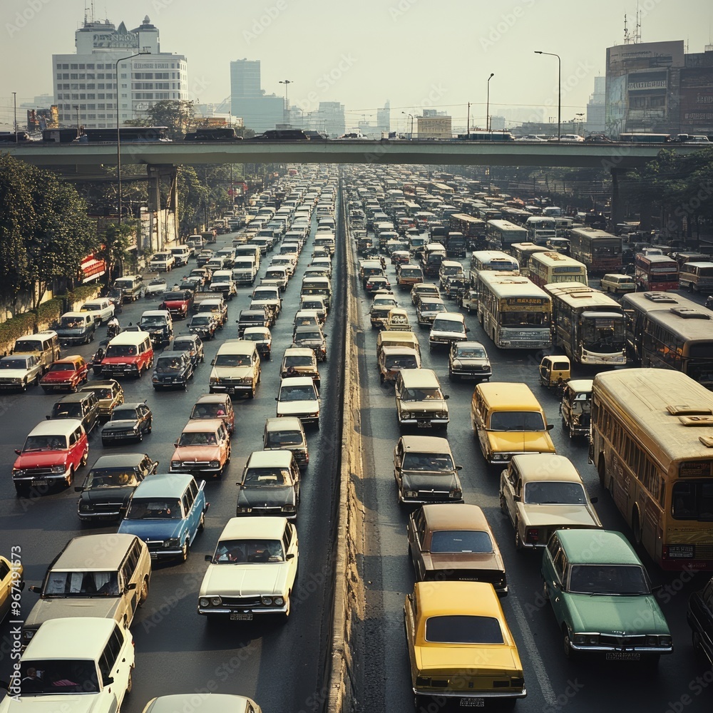traffic jam on the highway in Bangkok with many cars, motorbikes, and ...