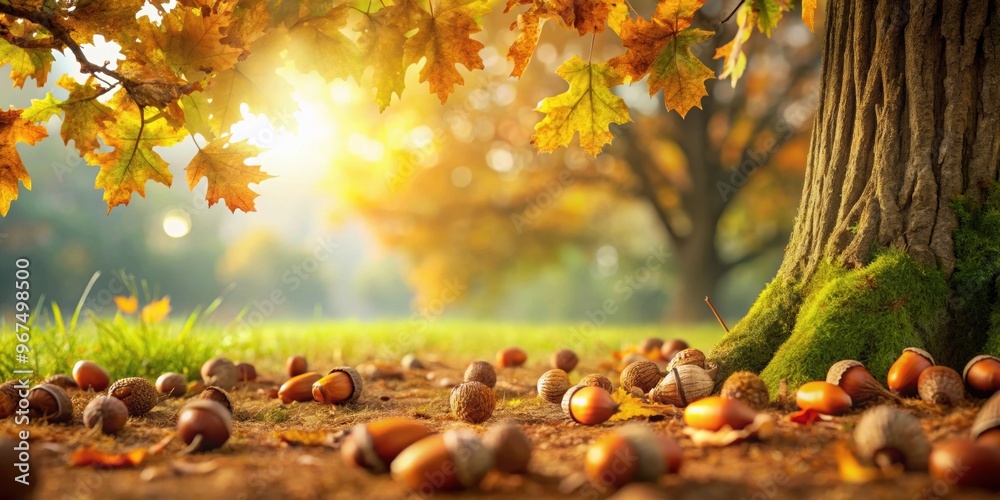 Autumn ground cover under oak tree with shower of acorns , acorns, oak ...