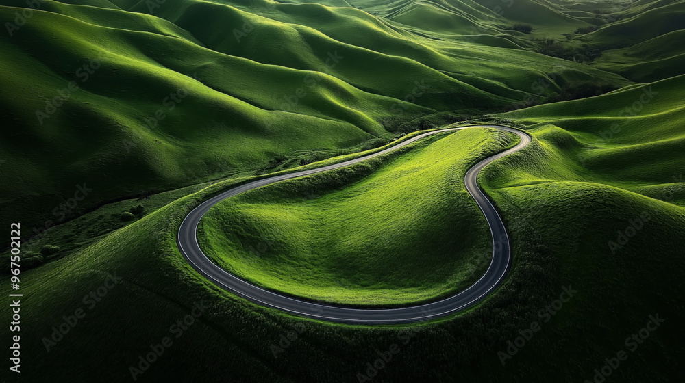 An aerial view of a winding road cutting through lush green hills. The ...