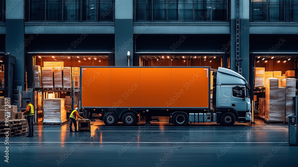 A large orange delivery truck is parked at a loading dock in a ...