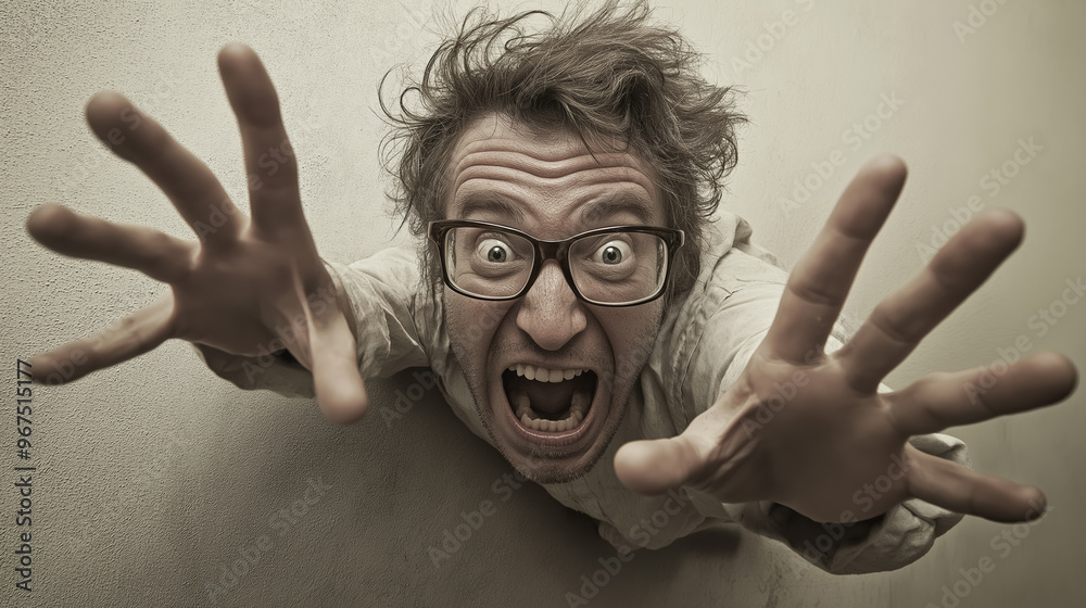 Man with wide eyes and messy hair lunges toward the camera with a ...