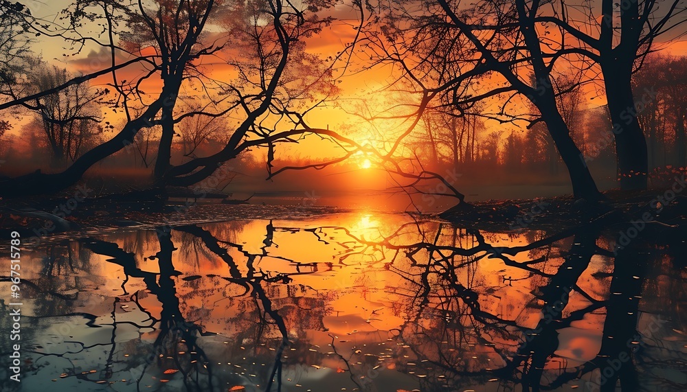 The warm sunset reflects on the tranquil autumn trees, and the outlines ...