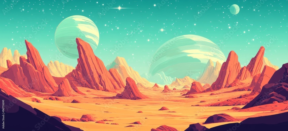 Stylized Martian terrain under a celestial sky. The illustration ...