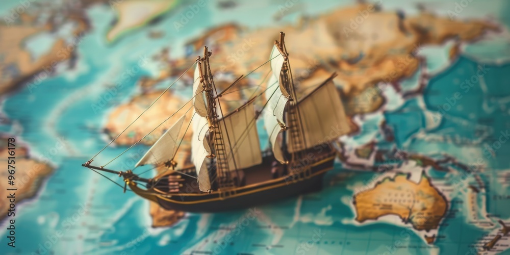 Vintage world map poster with a sailing ship depicted on the seas ...