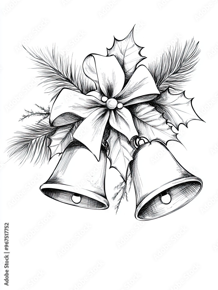 Stylish black and white sketch, hand drawing, Christmas Bells with bow ...